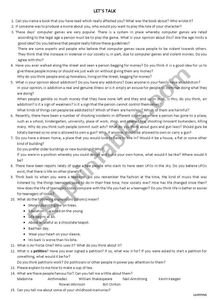 Let´s Talk [advanced 2] - ESL worksheet by sarahjane68